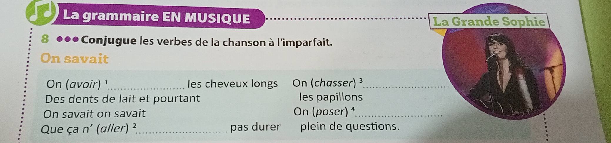 Risolto:La grammaire EN MUSIQUE 8 Conjugue les verbes de la chanson à l ...