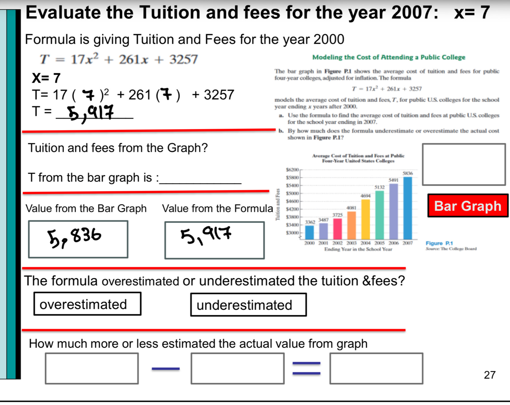 تم الحل:Evaluate the Tuition and fees for the year 2007: x=7 Formula is ...