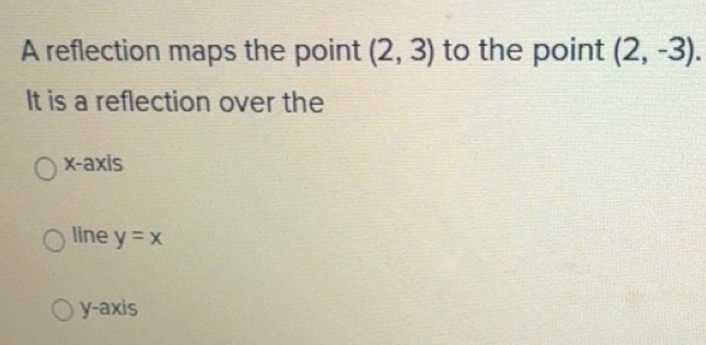 Solved: A reflection maps the point (2,3) to the point (2,-3). It is a ...