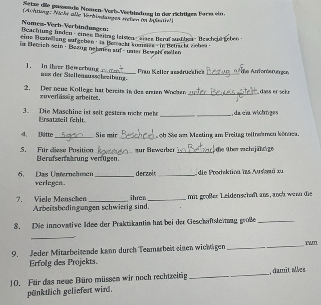 Gelöst:Setze die passende Nomen-Verb-Verbindung in der richtigen Form ...