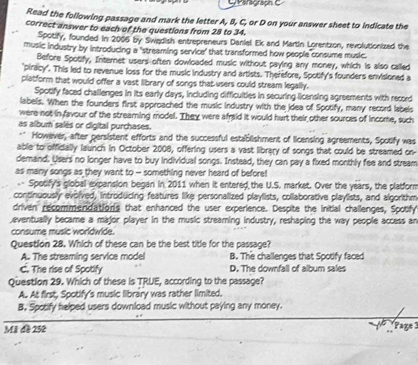 Giải quyết:aragraph C Read the following passage and mark the letter A, B, C, or D on your ...
