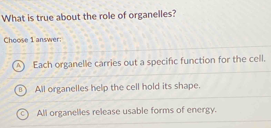 Solved: What is true about the role of organelles? Choose 1 answer: A ...