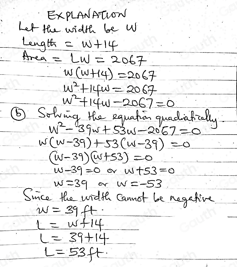 Solved: A floor is 14 feet longer than it is wide. The area of the ...