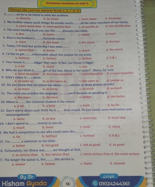 Solved: Grammar exercises on unit 2 Choose the correct answer from a, b ...