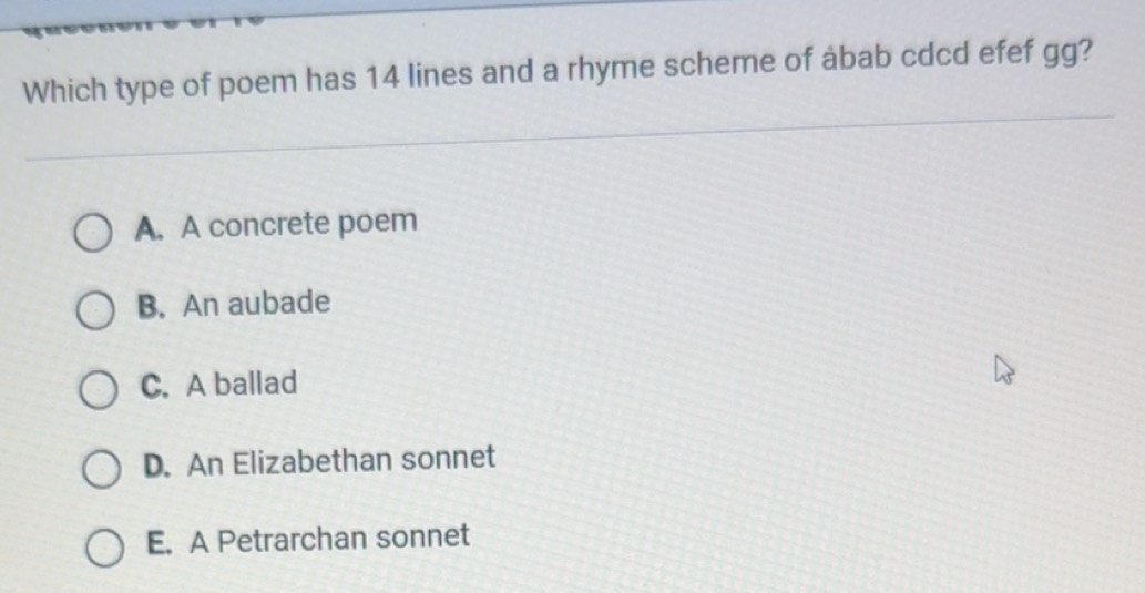 Solved: Which type of poem has 14 lines and a rhyme scheme of abab cdcd ...