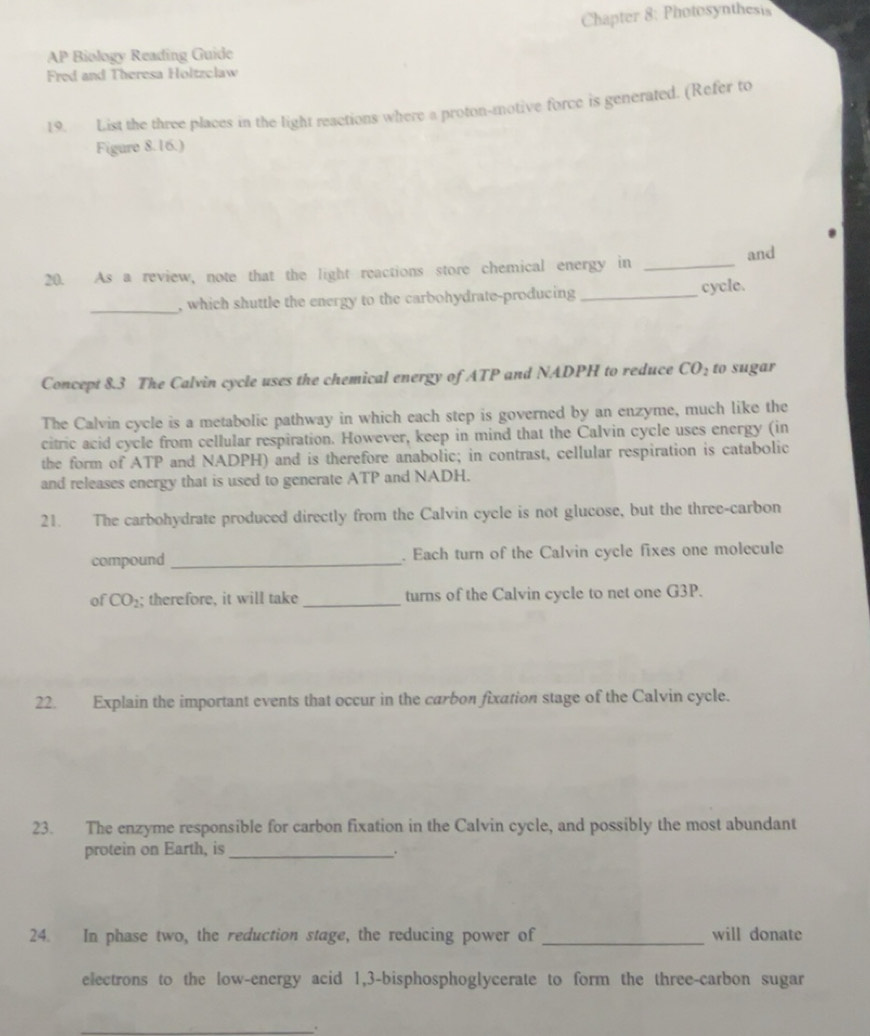 Solved: Chapter 8: Photosynthesis AP Biology Reading Guide Fred and ...