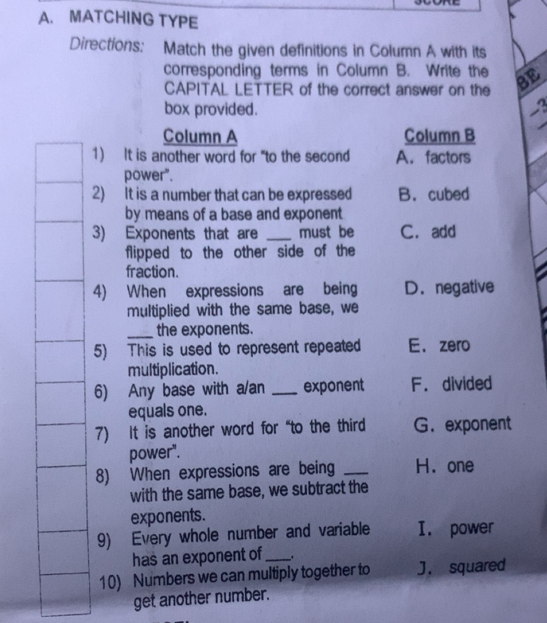Solved: MATCHING TYPE Directions: Match the given definitions in Column ...