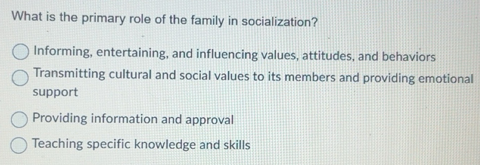 Solved: What is the primary role of the family in socialization ...