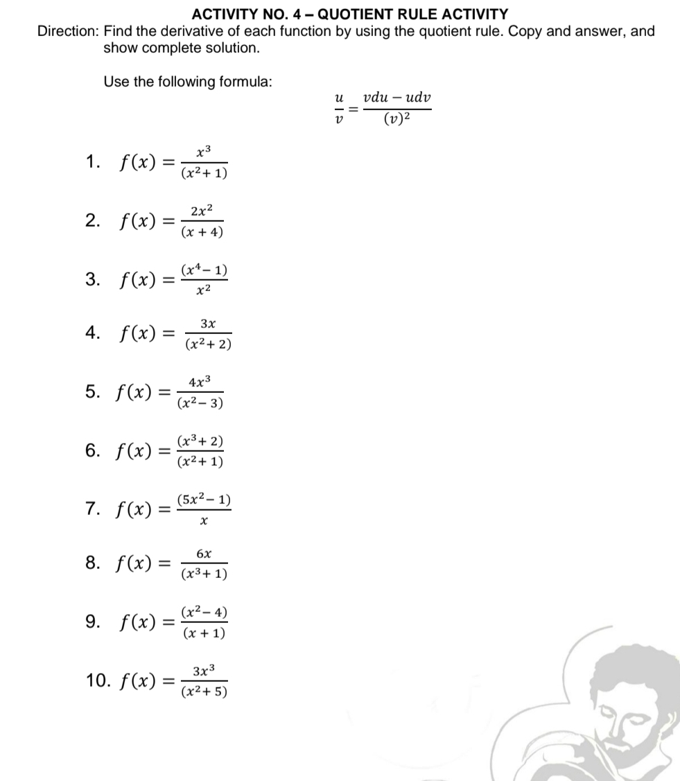 Solved: ACTIVITY NO. 4 - QUOTIENT RULE ACTIVITY Direction: Find the ...