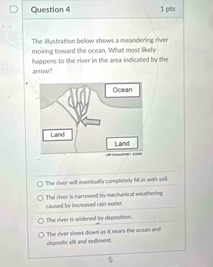 Solved: The illustration below shows a meandering river moving toward ...
