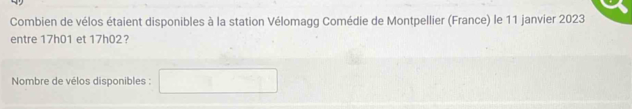 Résolu :Combien de vélos étaient disponibles à la station Vélomagg ...