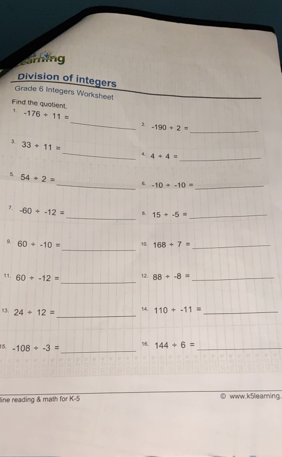 Solved: caring Division of integers Grade 6 Integers Worksheet _ Find ...