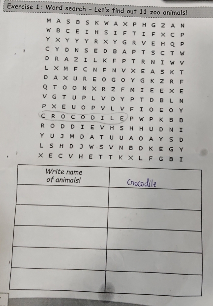 Giải quyết:Word search - Let's find out 11 zoo animals! M A S B S K W A ...