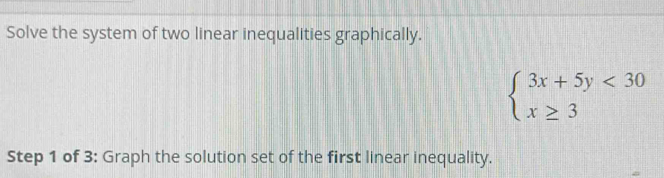 Solve the system of two linear inequalities graphically. beginarrayl 3x+5y