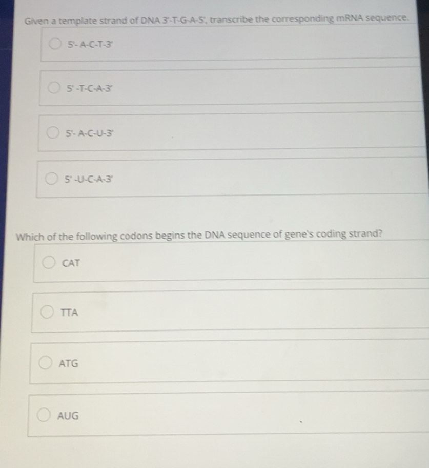 Solved: Given a template strand of DNA 3'-T-G-A-5 , transcribe the ...