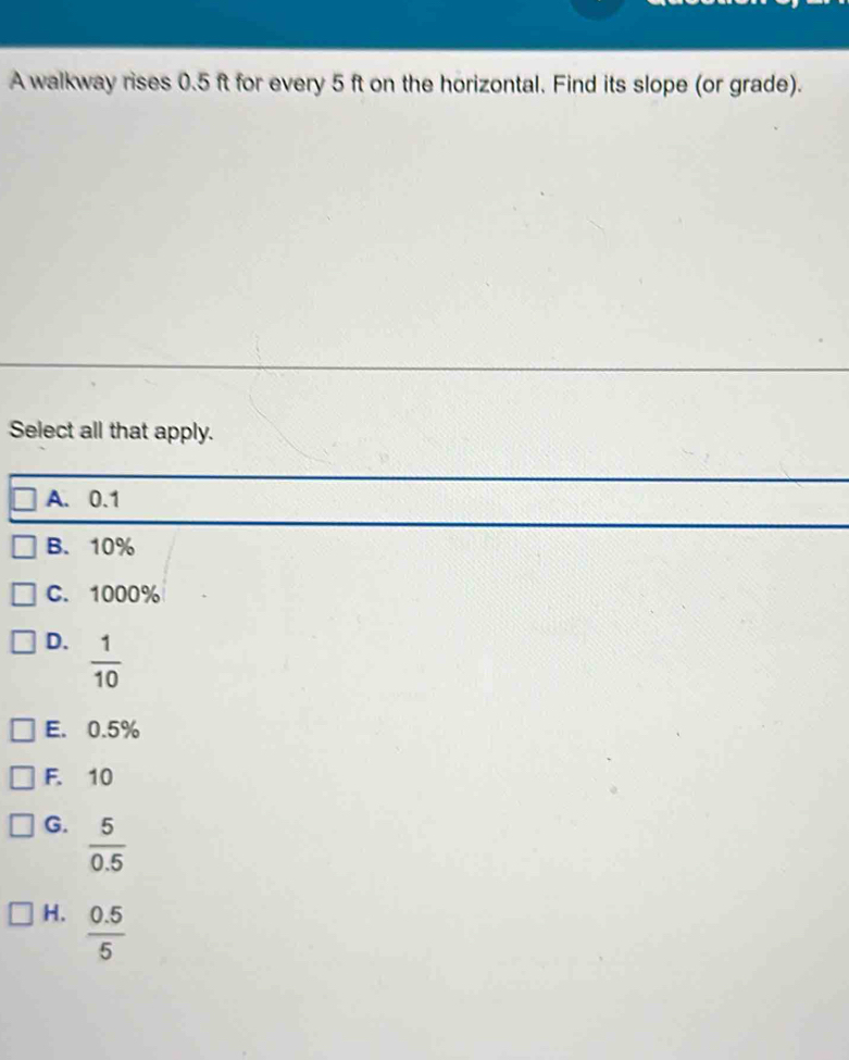 Solved: A walkway rises 0.5 ft for every 5 ft on the horizontal. Find ...