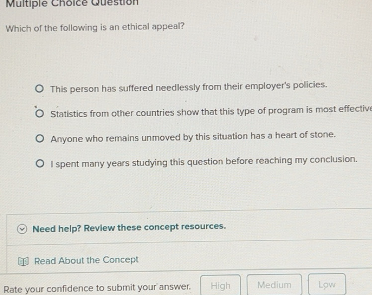 Solved: Question Which of the following is an ethical appeal? This ...
