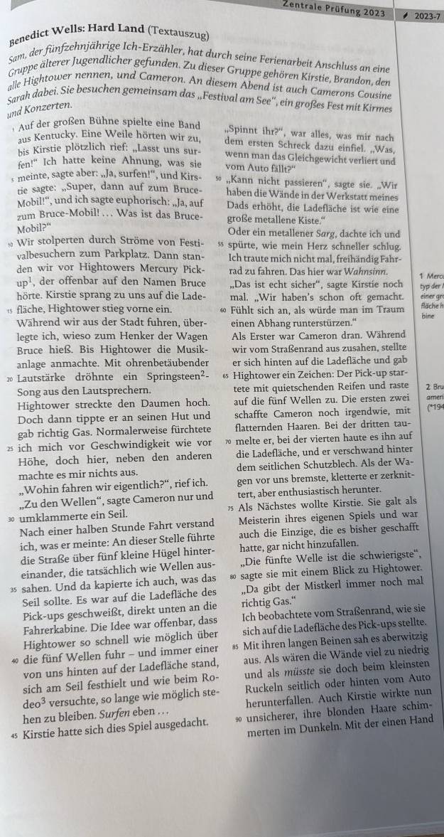 Gelöst:Zentrale Prüfung 2023 2023-7 Benedict Wells: Hard Land ...