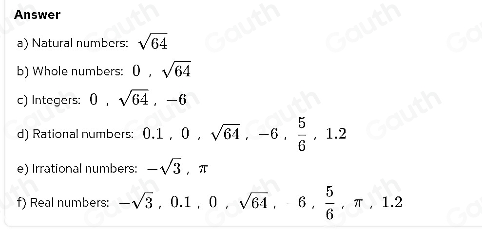 Solved: List all numbers from the given set that are a. natural numbers b. whole numbers c ...