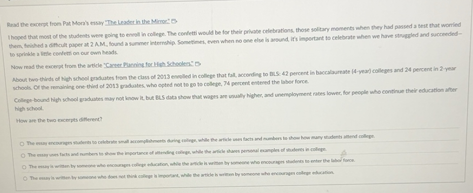 Solved: Read the excerpt from Pat Mora's essay "The Leader in the ...