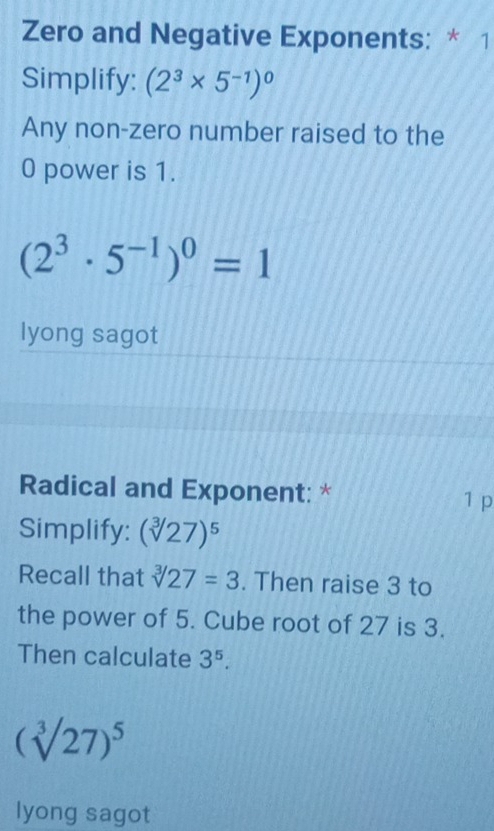 Solved: Zero and Negative Exponents: * 1 Simplify: (2^3* 5^(-1))^0 Any ...