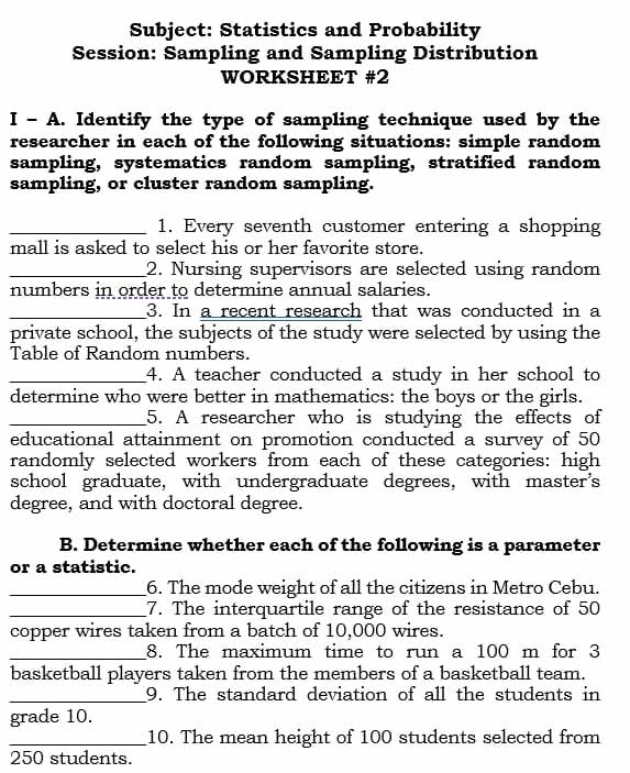 Solved: Subject: Statistics and Probability Session: Sampling and ...