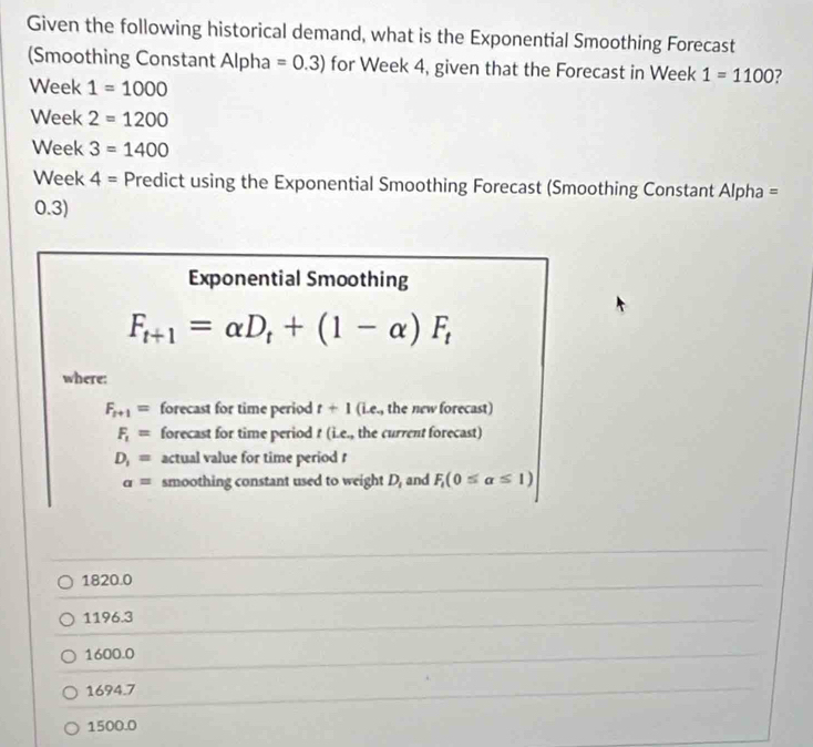 Solved: Given the following historical demand, what is the Exponential Smoothing Forecast ...