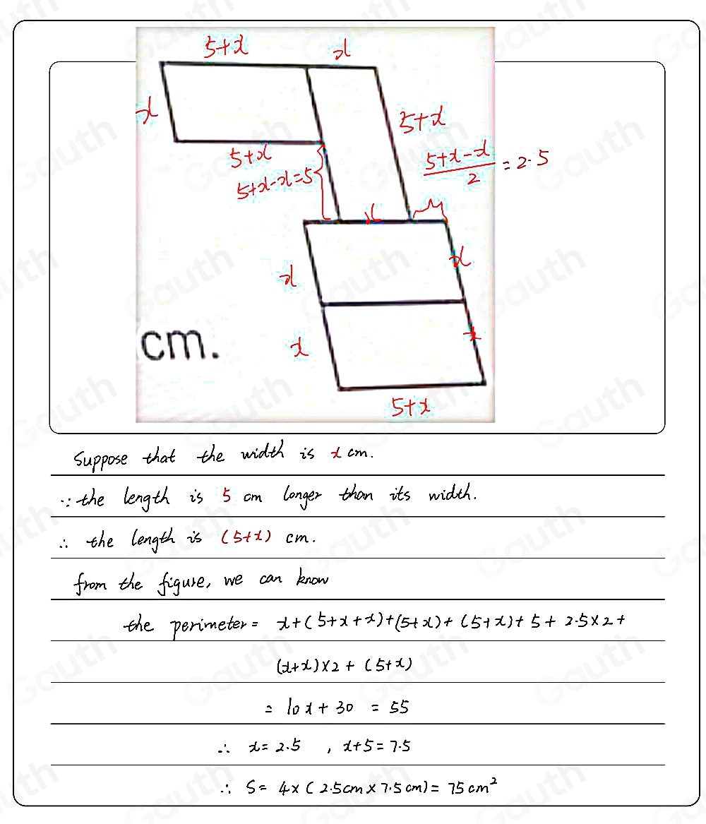 Solved: Here is a rectangle. The length of the rectangle is 5cm longer than its width. 4 of ...