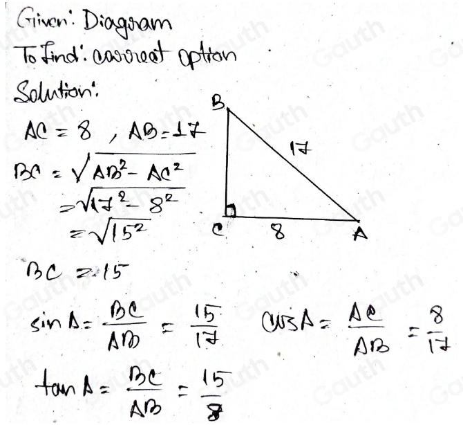 Solved: In the diagram below of right triangle ABC, AC=8 , and AB=17 ...