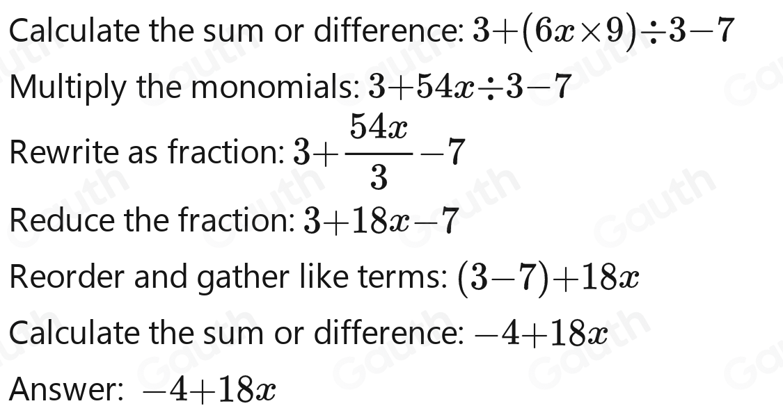 Solved: 3+6x(5+4)/ 3-7 [Math]