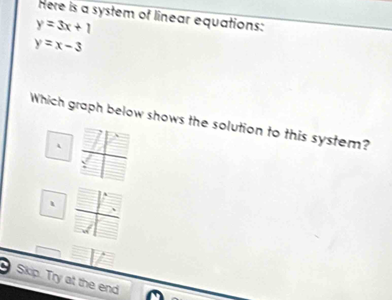Solved: Here is a system of linear equations: y=3x+1 y=x-3 Which graph ...
