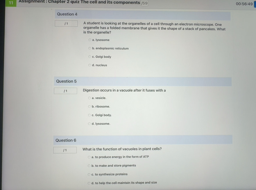 Solved: Assignment : Chapter 2 quiz The cell and its components /59 00: ...