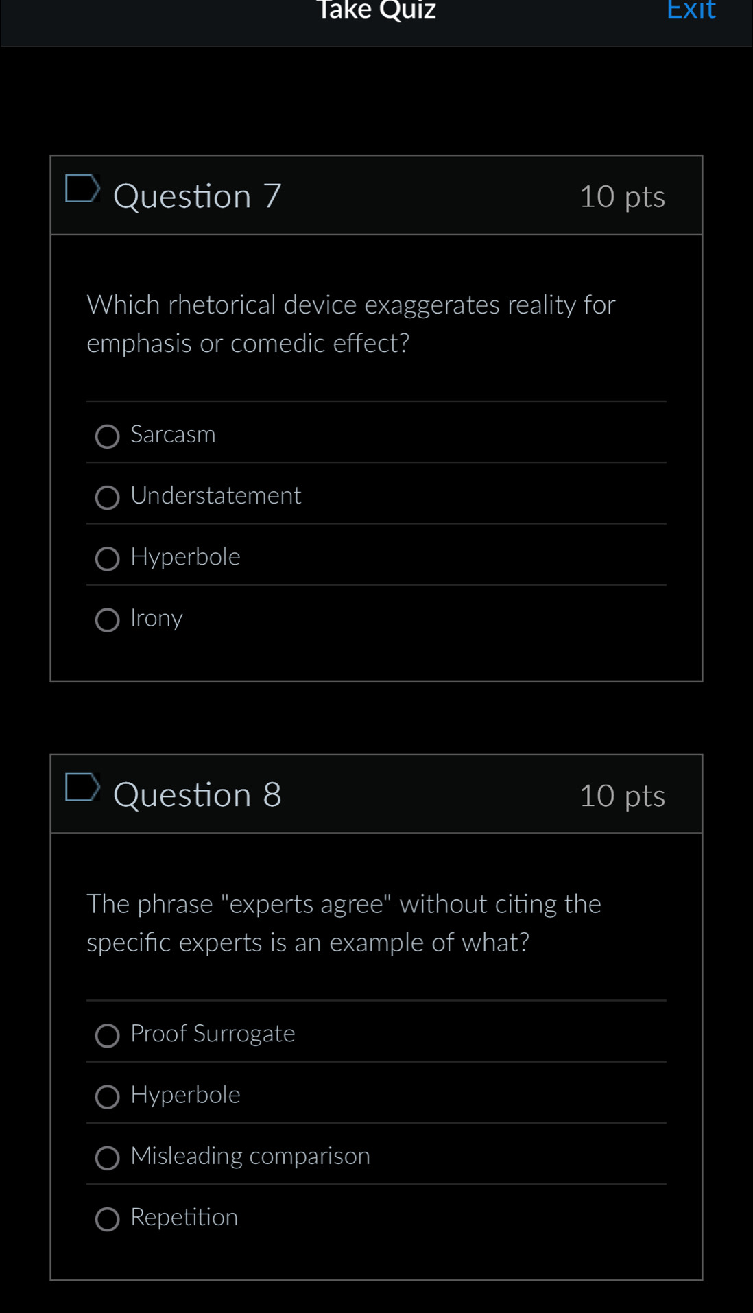 Solved: Take Quiz Exit Question 7 10 pts Which rhetorical device ...