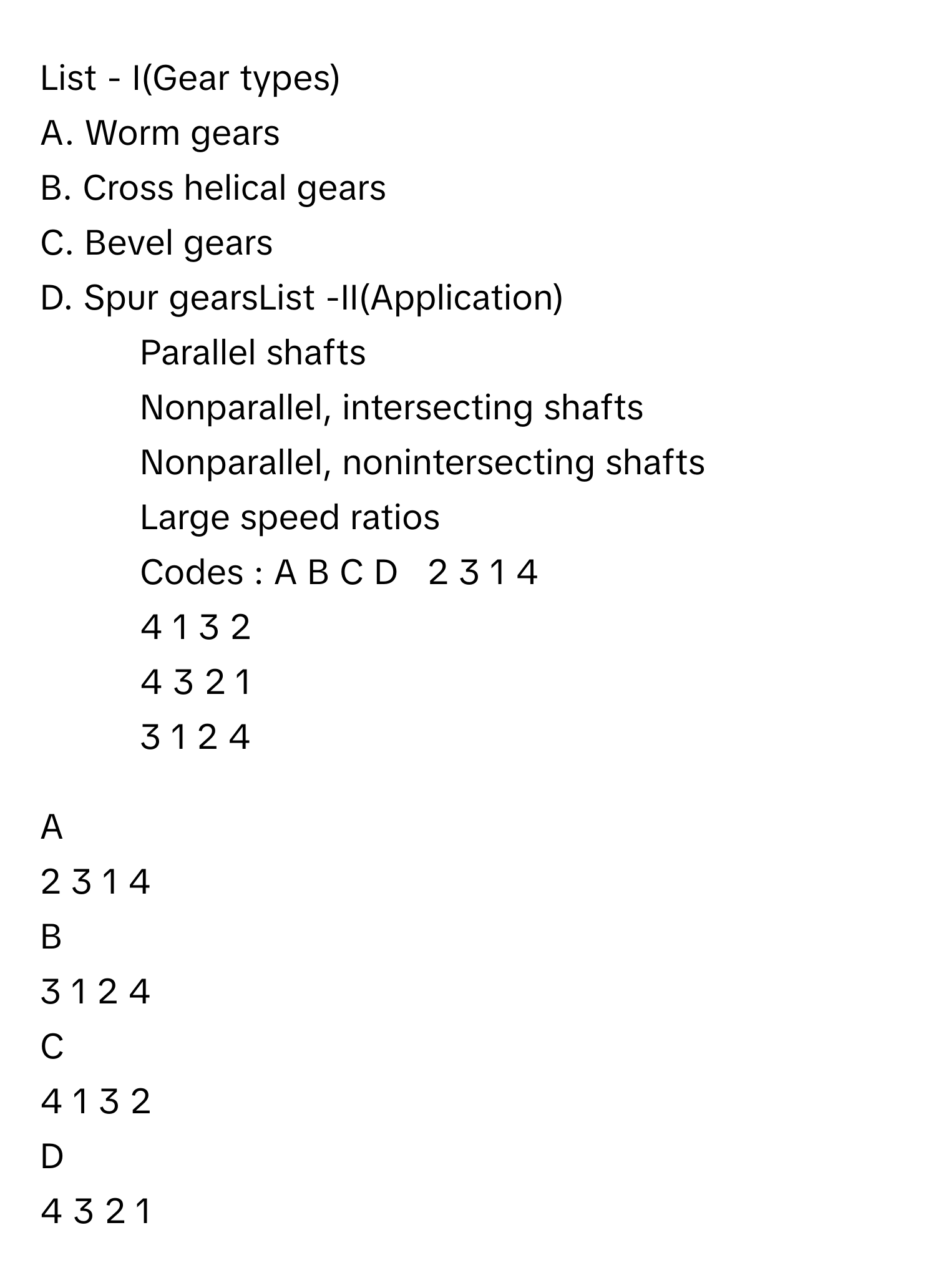 Solved: List - I(Gear types) A. Worm gears B. Cross helical gears C ...
