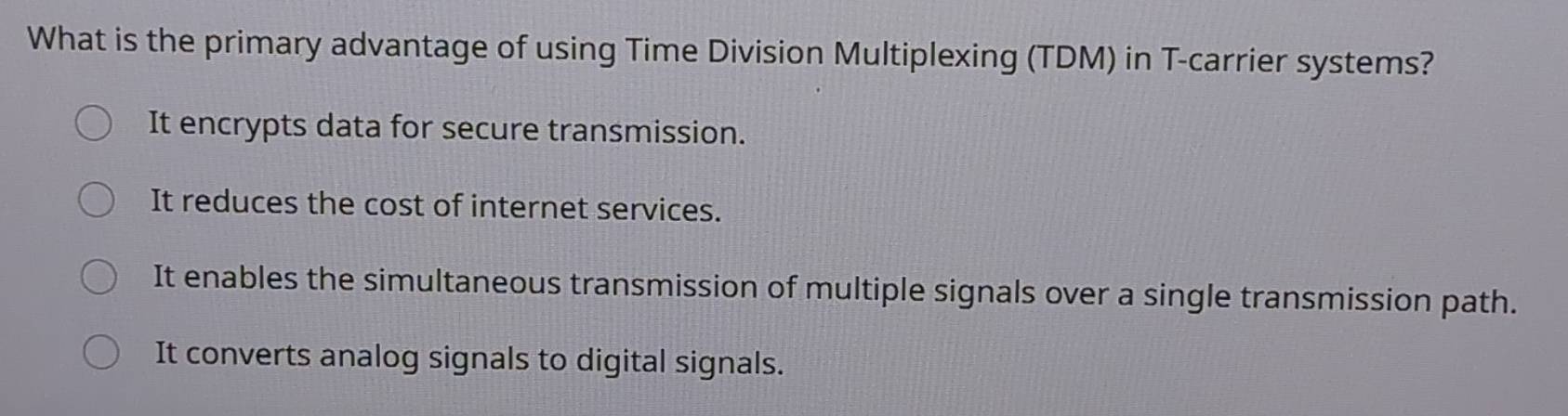 Solved: What is the primary advantage of using Time Division ...
