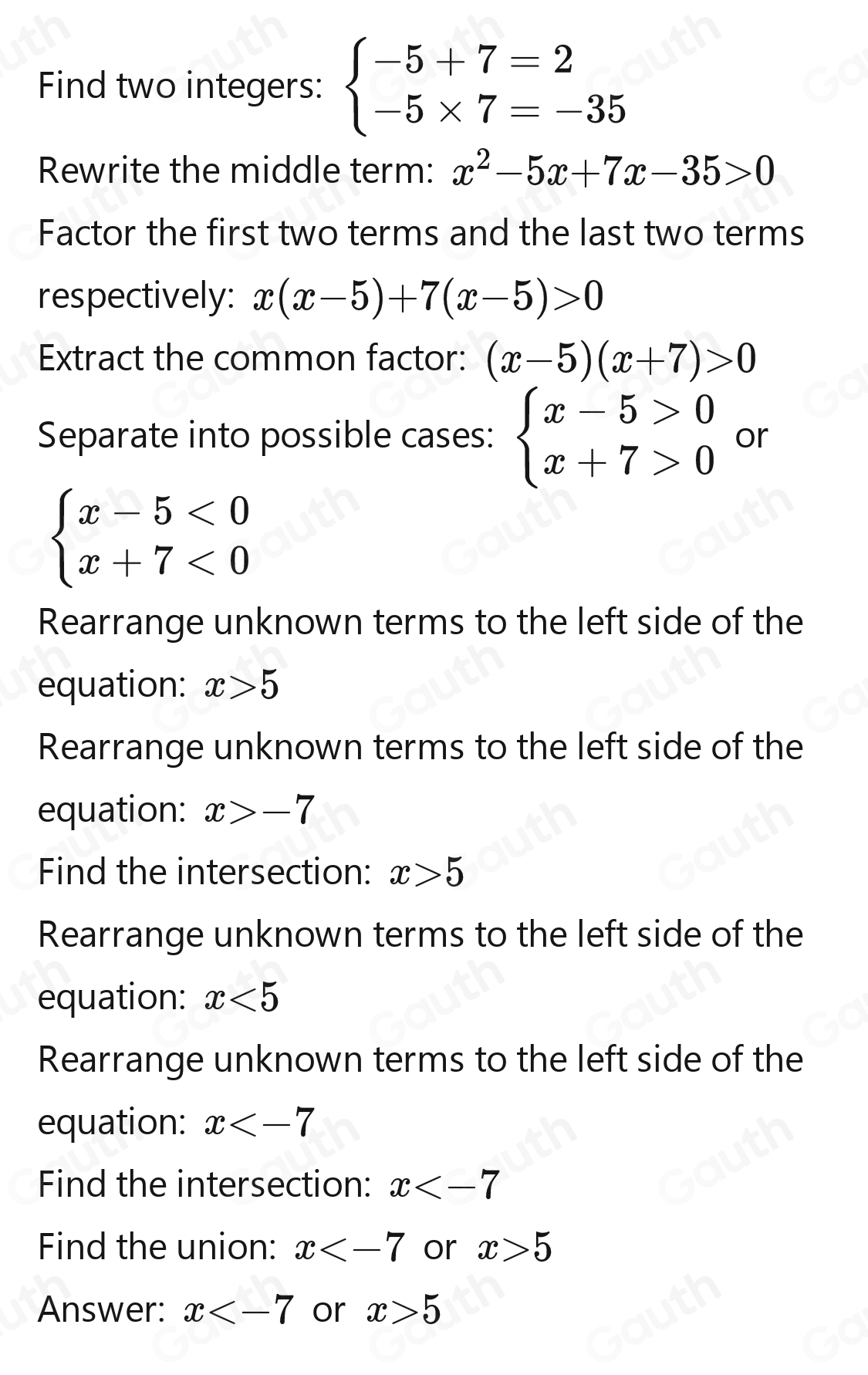 Solved: Solve the inequality x^2+2x-35>0 [Math]