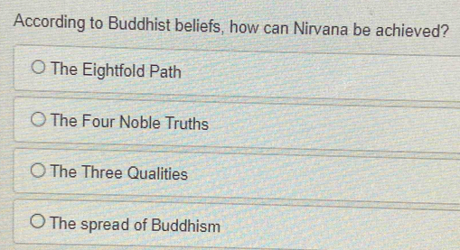 Solved: According to Buddhist beliefs, how can Nirvana be achieved? The ...