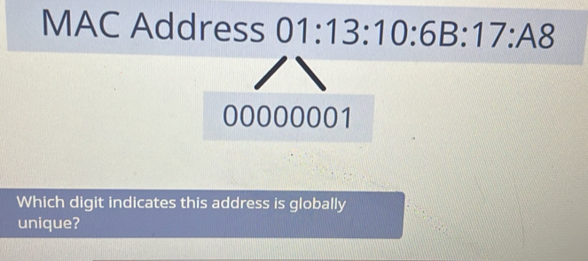 Solved: MAC Address 01:13:10:6B:17:A8 00000001 Which digit indicates ...