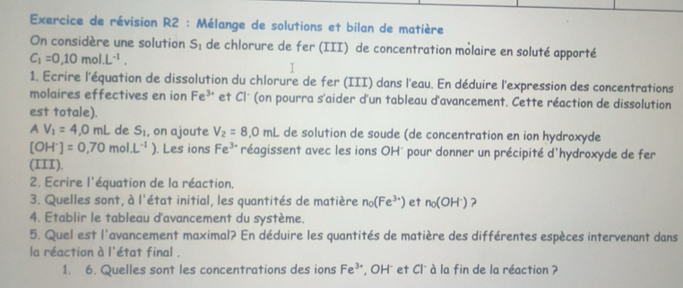Résolu :Exercice de révision R2 : Mélange de solutions et bilan de ...