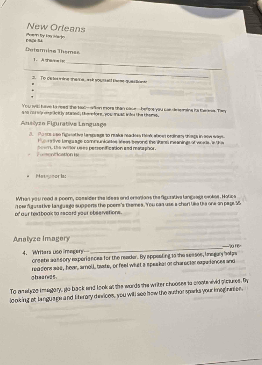 Solved: New Orleans Poem by Joy Harjo page 54 Determine Themes 1. A ...