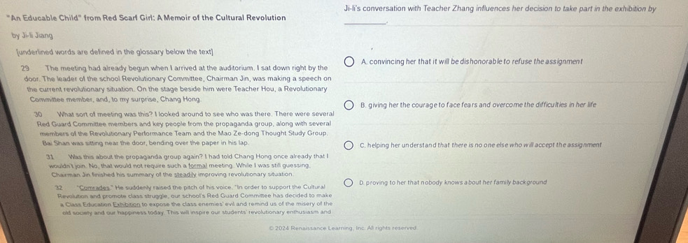 Solved: Ji-li's conversation with Teacher Zhang influences her decision ...