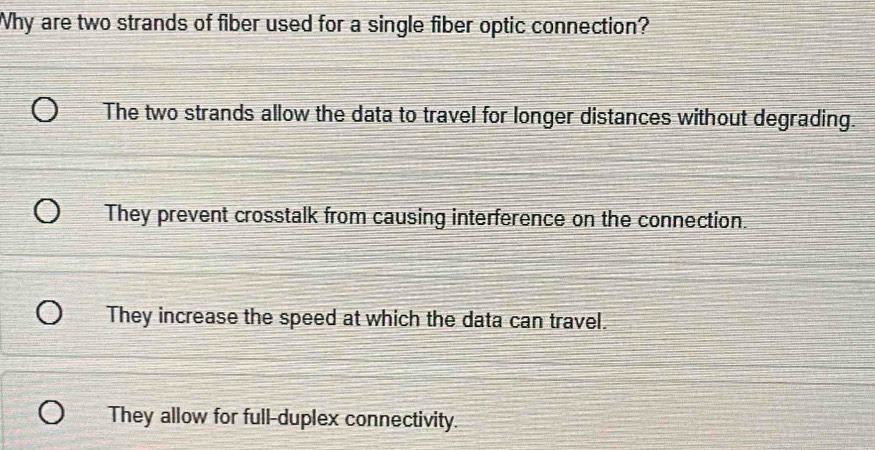 Solved: Why are two strands of fiber used for a single fiber optic ...