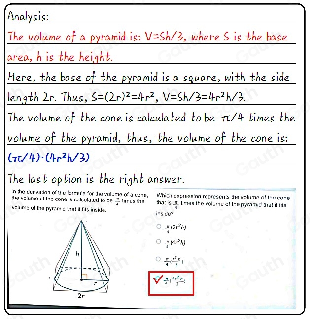 Solved: In the derivation of the formula for the volume of a cone ...