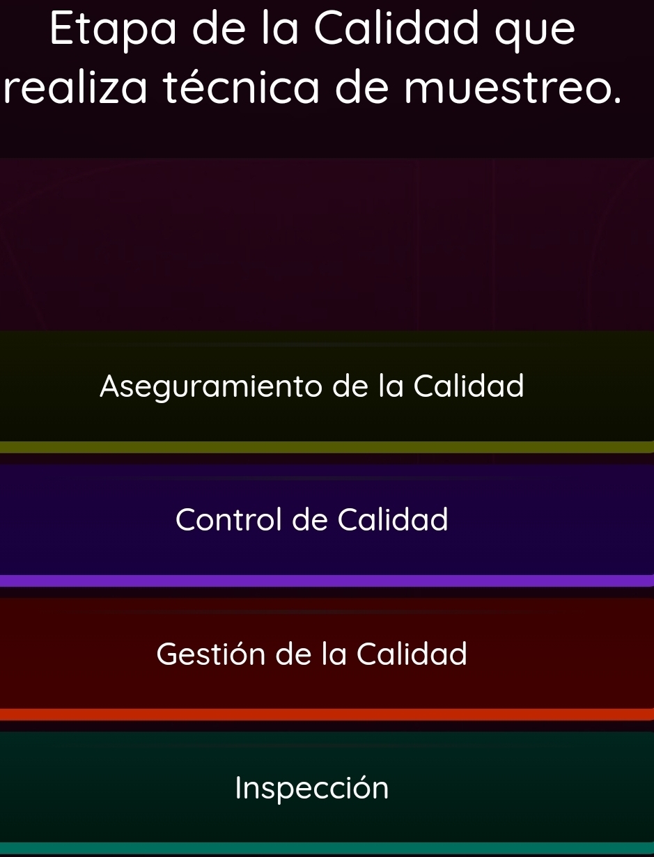 Resuelto:Etapa de la Calidad que realiza técnica de muestreo. Aseguramiento de la Calidad Control d