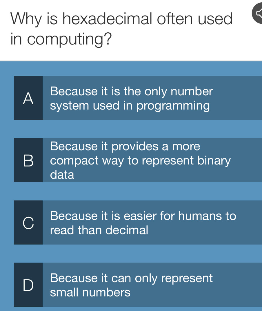 Solved: Why is hexadecimal often used in computing? Because it is the ...