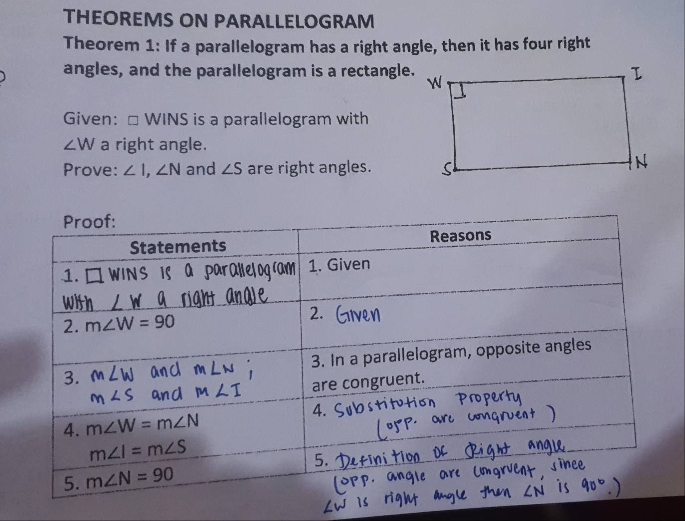Solved: THEOREMS ON PARALLELOGRAM Theorem 1: If a parallelogram has a ...
