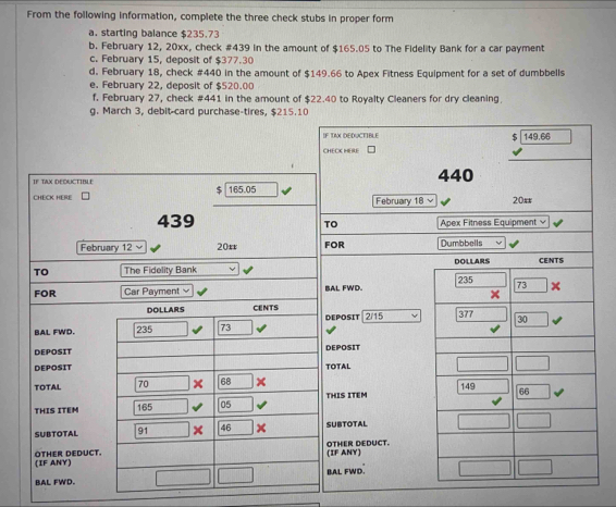 From the following information, complete the three check stubs in ...