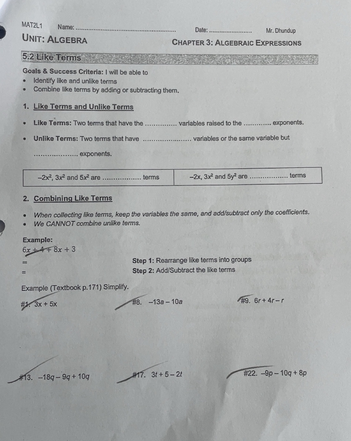 Solved: MAT2L1 Name: _Date:_ Mr. Dhundup Unit: Algebra Chapter 3 ...