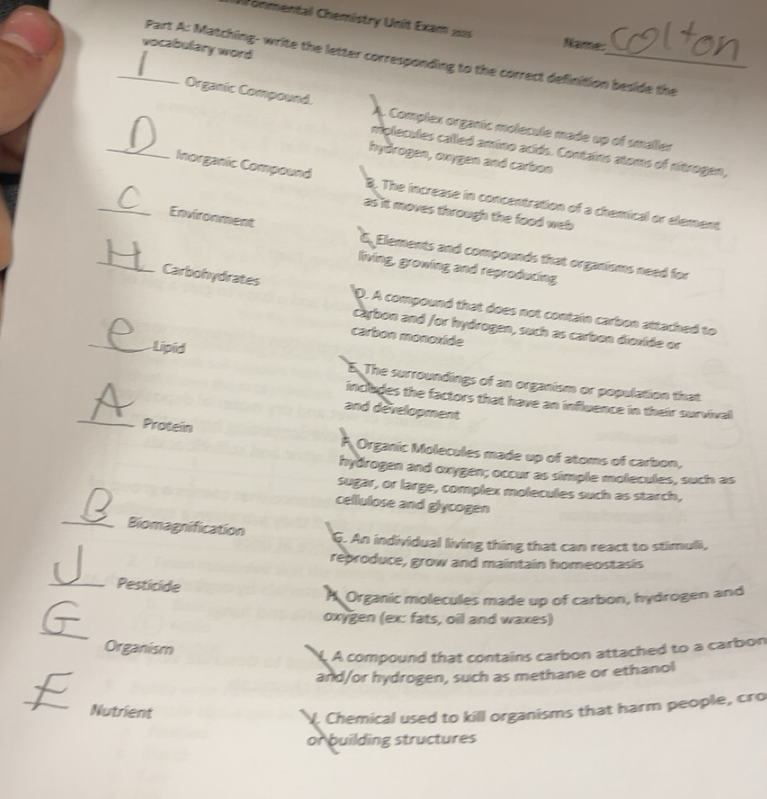 Solved: Monmental Chemistry Unit Exam 206 Name vocabulary word _Part A ...