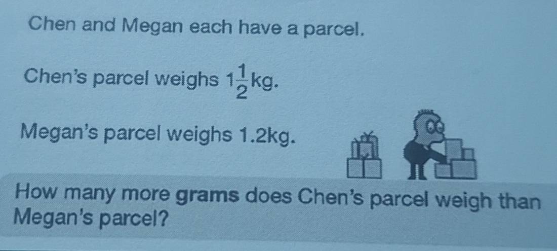 Solved: Chen and Megan each have a parcel. Chen's parcel weighs 1 1/2 ...